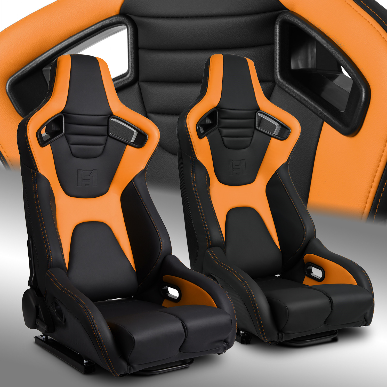 Black+Orange PVC Reclinable Sport Racing Seats Pair W/Slider Left/Right ...